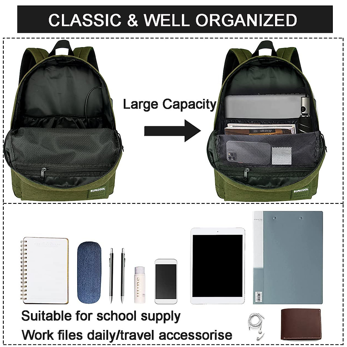 SUPACOOL Casual Laptop Backpack for Men and Women, Backpack for College, USB Charging Port, Lightweight Pack Back(Olive)