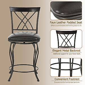 FurnitureR Classic Barstools Set of 2, Elegant Metal Back and Footrest Swivel Counter Height Bar Stools for Kitchen Island Pub, Bistro, Restaurant - Black (24 Inch)