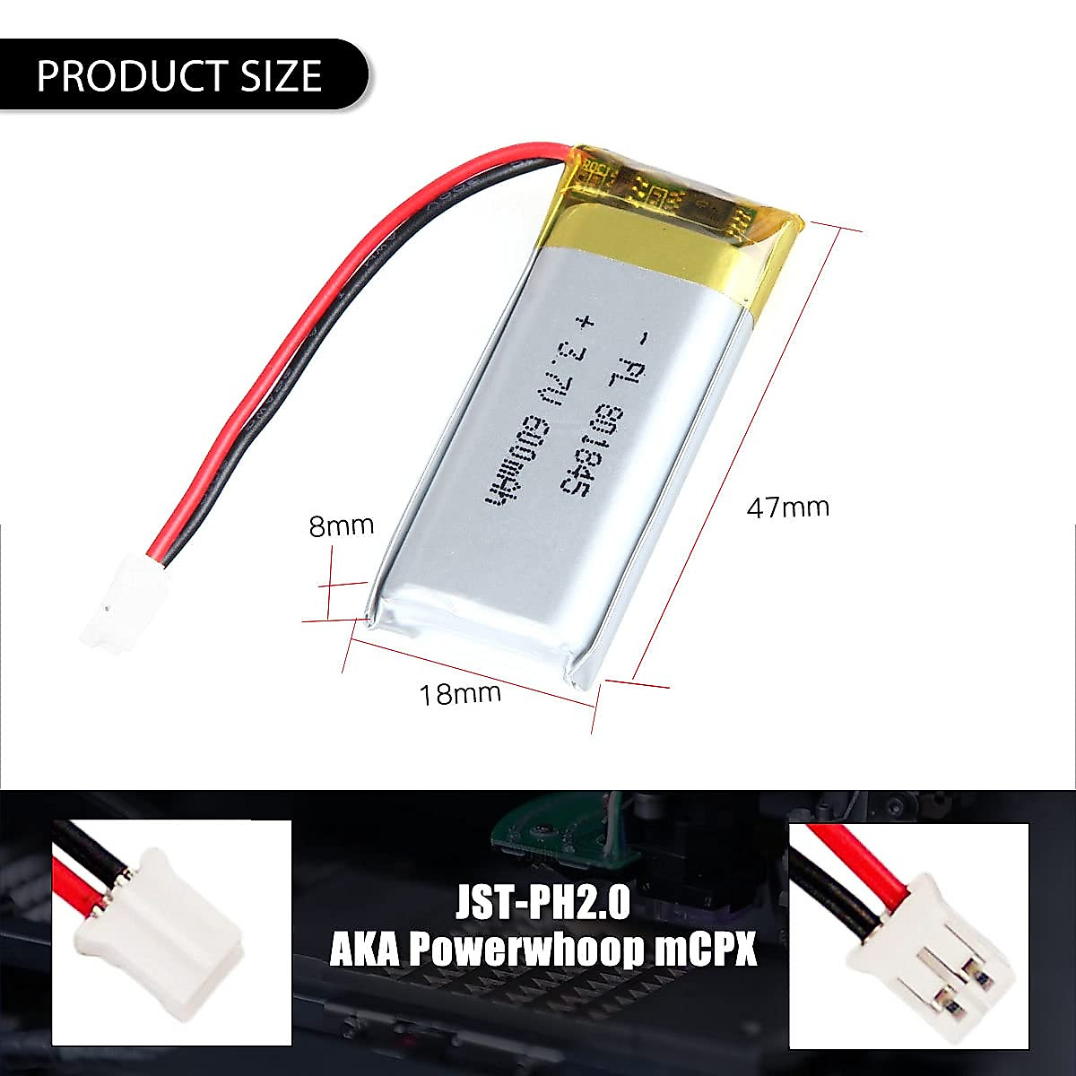 AKZYTUE 3.7V 600mAh 801845 Lipo Battery Rechargeable Lithium Polymer ion Battery Pack with JST Connector