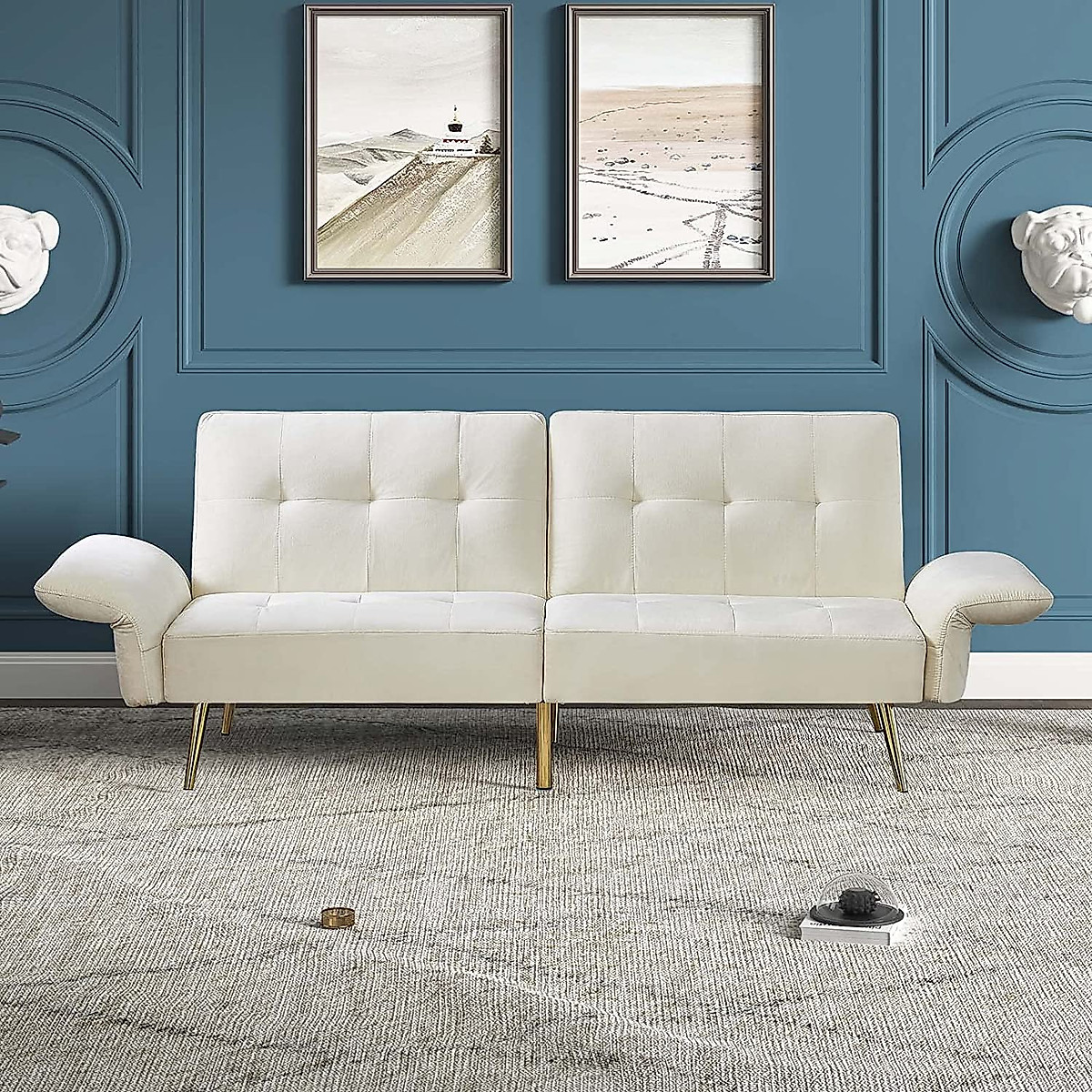 Modern Velvet Futon Sofa Bed,Convertible Folding Sleeper Sofa with 3 Angles Adjustable Back and Armrests,Recliner Couch Bed with Metal Legs for Small Space,Living Room Bedroom Apartment Office,Beige