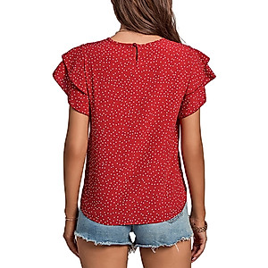 LYANER Women's Polka Dots Scoop Neck Layer Ruffle Trim Short Sleeve Blouse Shirt Top Red Medium