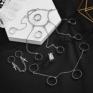 IFKM Vintage Silver Chain Finger Rings Bracelet, Gothic Punk Emo Cross Cool Simple Rings, Adjustable Statement Stackable Rings For Wen Women