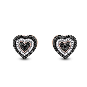 Black & White Natural Diamond Heart Shape Stud Earrings In 14K Rose Gold Over Sterling Silver (0.02 Ct)
