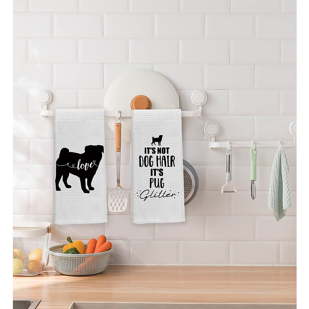 Knibeo Pug Kitchen Towels Set - Pug Gifts, Set of 2, 16x24 Inch Pug Tea Towels Dish Towels, Pug Bathroom Hand Towels, Pug Dog Towels, Pug Decor