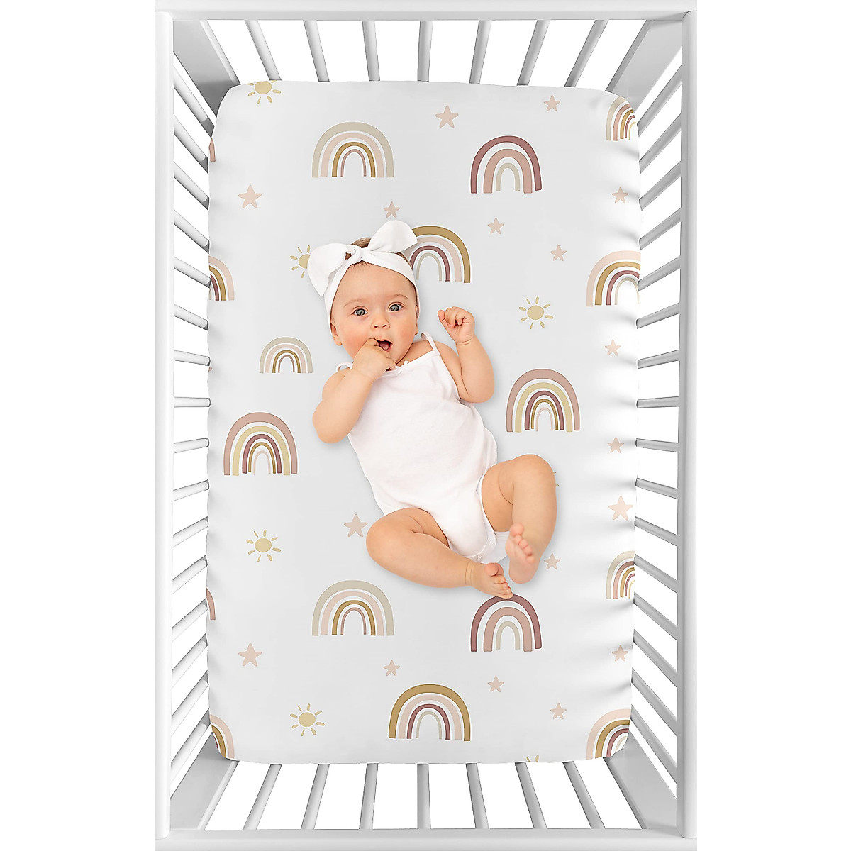 Sweet Jojo Designs Boho Rainbow Girl Fitted Mini Crib Sheet Baby Nursery for Portable Crib Pack Play - Blush Pink Dusty Rose Gold Yellow Mauve Taupe Beige Tan Bohemian Stars Sun Celestial Vintage Sky