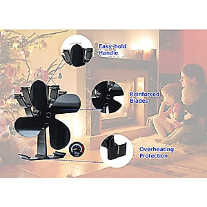 HEUNGBERANT Wood Burning Stove Fan Heat Powered Fireplace Fan for WoodLog BurnerFireplace, Black… (I shape with thermometer)