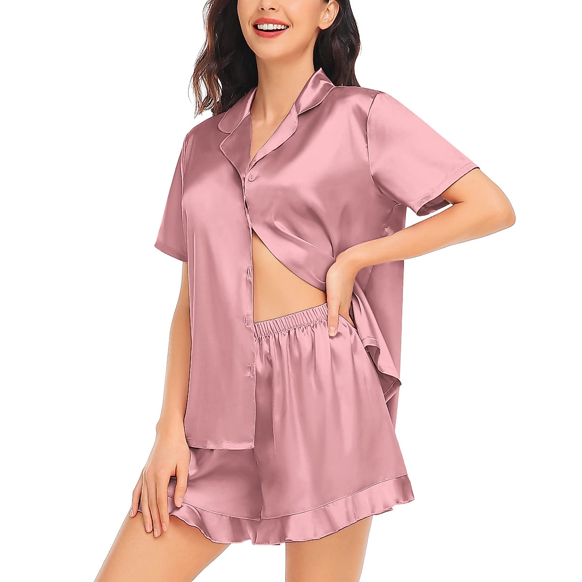 SWOMOG Women's Silk Satin Pajamas Set Short Sleeve Button Down Sleepwear Ruffle Hem Shorts PJ Sets Two-Piece Bride Loungewear Misty Rose