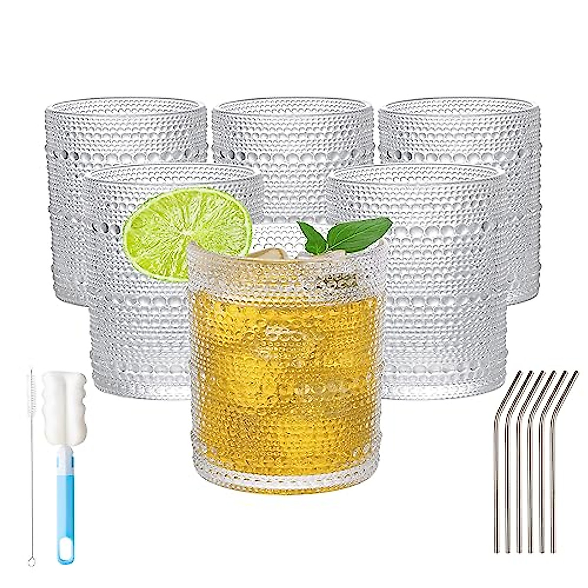 Cocktail Glasses Vintage Drinking Glasses - 13 OZ Hobnail Glassware with Straw Set of 6 - Bubble Cocktail Glass Raindrops Beaded Glassware Romantic Water Glasses Suit for Cocktail Whiskey Juice