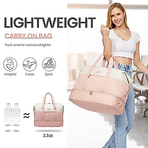 LOVEVOOK Travel Duffle Bag,Weekender Bags with Shoe Compartment,56L Carry on Overnight Bag for Women with 2 Packing Cubes, Hospital Bags for Labor and Delivery,Pink White