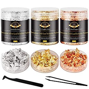 CHMI Gold Foil Flakes for Resin -15g, Jewelry Making, Imitation Gold Foil Flakes Metallic Leaf for Nails, Painting, Crafts, Slime and Resin Jewelry Making (Gold, Silver, Copper Colors)