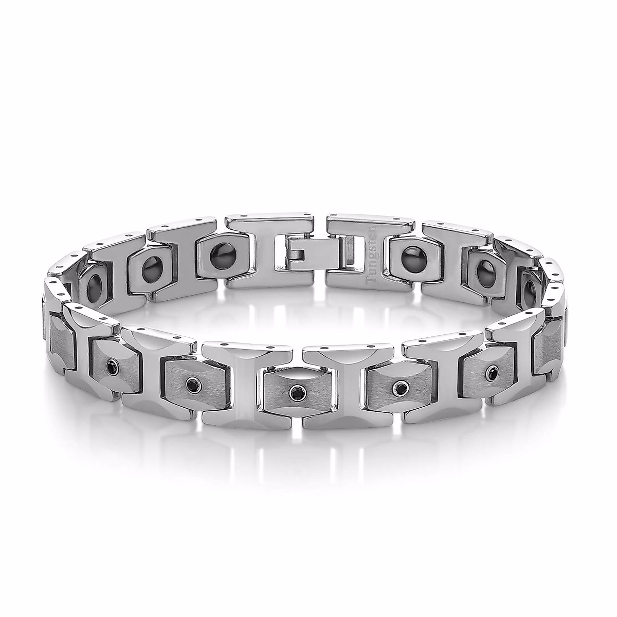 Gem Stone King Men’s Shiny Polished Tungsten Carbide Black Diamond Bracelet Matte Finished Inner Links (0.18 Cttw, 8 Inches in Length with Safety Clasp)