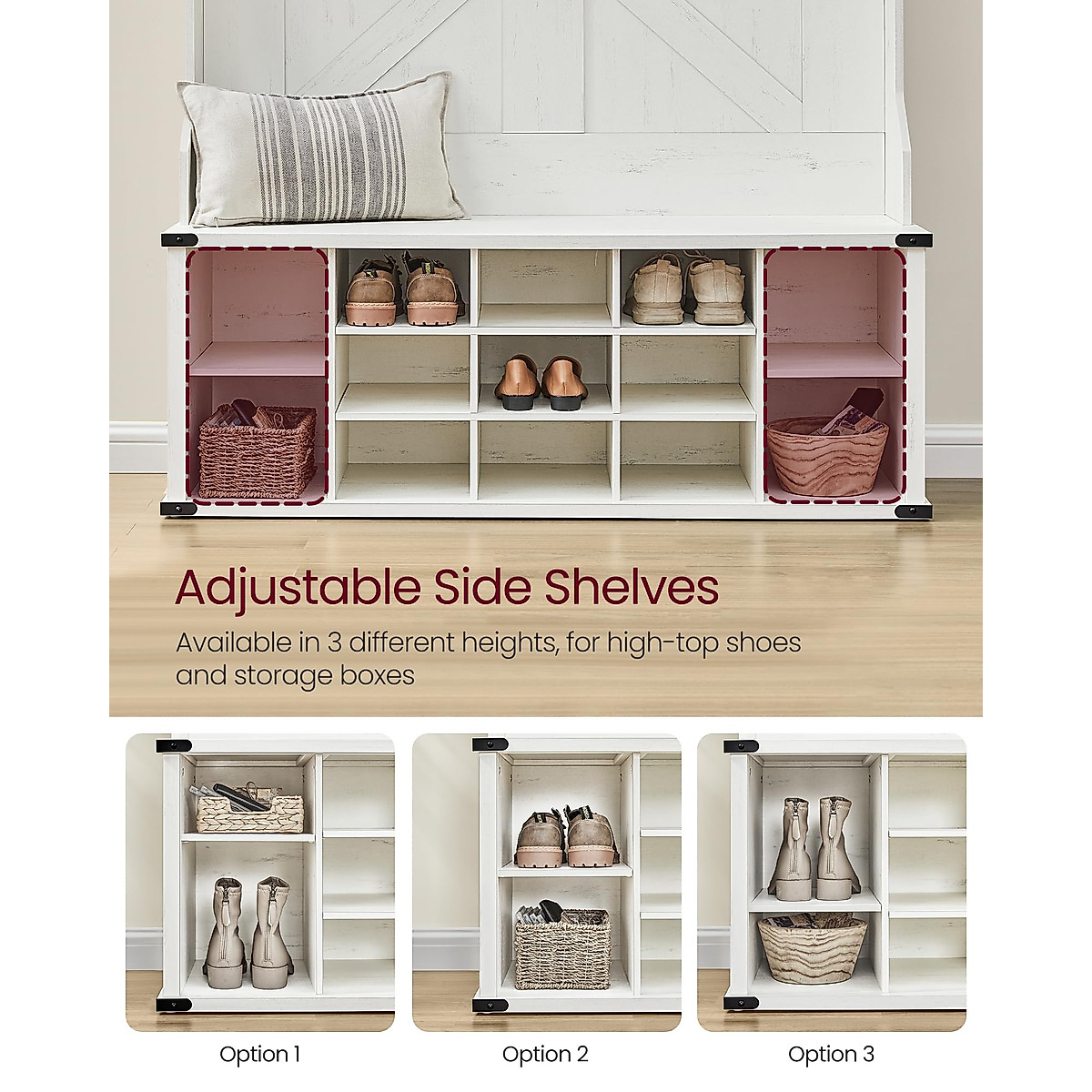 VASAGLE Hall Tree with Bench and Shoe Storage, Coat Rack with Shoe Bench, Entryway Furniture, 16 Open Compartments, 6 Tri-Hooks, Farmhouse Style, Space Saving, Rustic White UHSR427W02