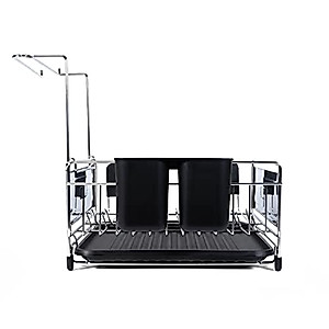 happimess DSH1000A Compact 17.25" Fingerprint-Proof Stainless Steel Dish Drying Rack, Dish Rack with Wine Glass Holder, Utensil Holder, Stainless Steel/Black, Silver/Black