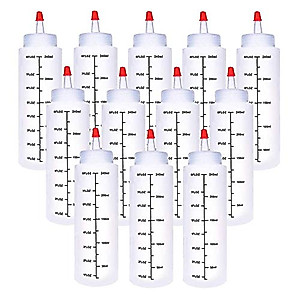 12 Pack 8oz/240ml Plastic Squeeze Bottles,Scale Plastic Squirt Bottle,Polyethylene Durable Plastic with Red Tip Cap and Black Scale for Ketchup,Sauces,Syrup,Dressings,BBQ,Crafts and More