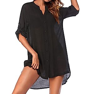 Ekouaer Bathing Suit Cover Up for Women V Neck Button Down Swimsuit Coverup Beach Dress Shirt Black
