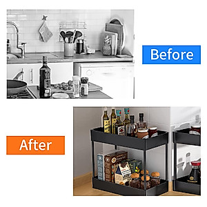 AntDesign Under Sink Organizer Kitchen Cabinet Storage, 2 Tiers Under Cabinet Bathroom Under Sink Shelf Basket Multi-purpose and Large Capacity with Hooks (White)