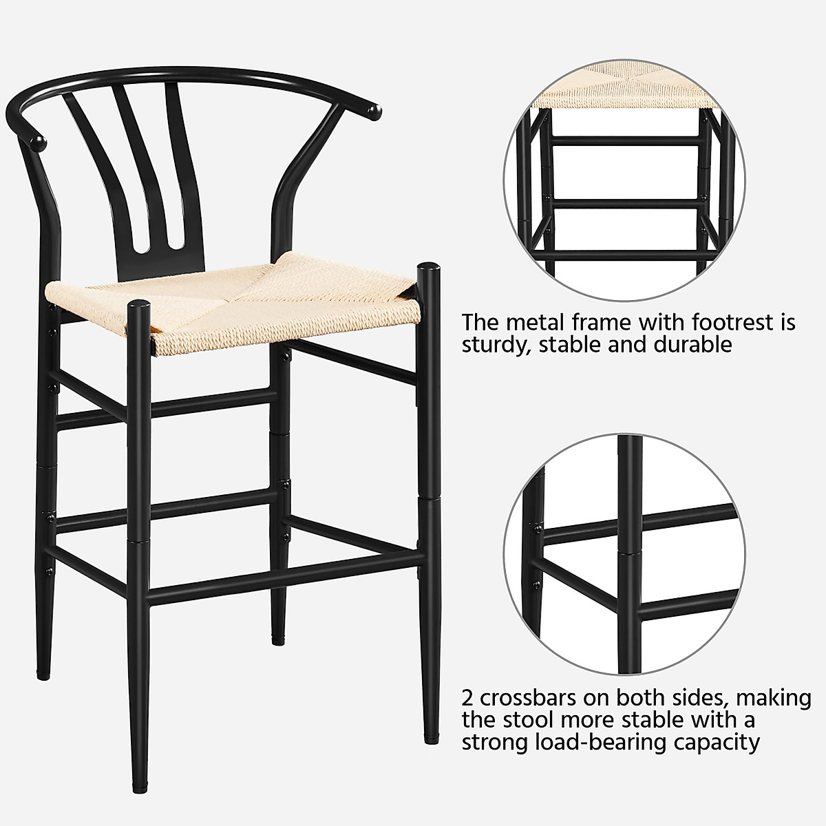 Yaheetech 26'' Weave Counter Stools Set of 4 Barstool Mid-Century Modern Metal Bar Stool Counter-Height Stool Slat Backrest Dining Chair, Black