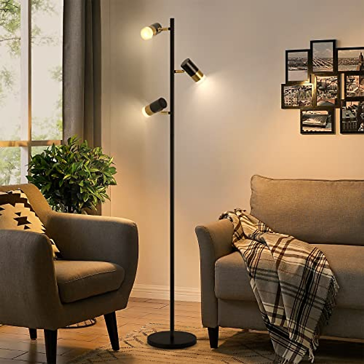 ADISUN LED Tree Floor Lamp for Living Room,Bedroom Black Standing Floor Lamp for Office,Bedroom,Dimmable Tall Lamp for Reading with 3 Adjustable Heads,Remote Control
