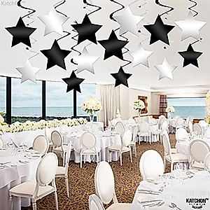 Black and Silver Star Hanging Swirls - Pack of 32 | Silver and Black Star Hanging Swirl for Black and Silver Party Decorations, Raiders Party Decorations | Hanging Black and White Party Decorations