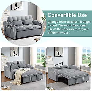 Lakifun Convertible Sleeper Sofa Bed, Modern Velvet Loveseat w/Pull Out Couch, 54.7" Loveseats Sofa w/Adjsutable Backrest, Cup Holders and USB Port, Swivel Phone Stand,Grey