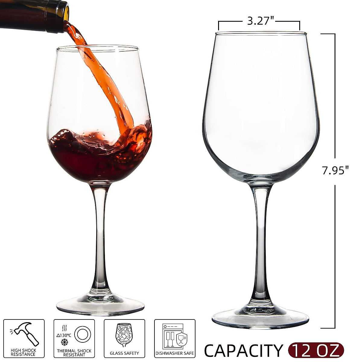 HAKEEMI Fully Tempered Wine Glasses set of 12, 12 oz Durable Red Wine Glasses for Wedding, Party, Dishwasher Safe