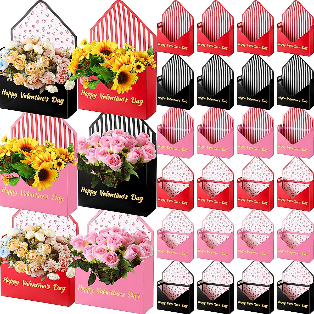 Engrowtic 30 Pcs Valentine's Day Flower Boxes for Arrangements Floral Envelope Boxes Bouquet Box 9.25 x 2.95 x 13.79 Inch 6 Styles Flower Arrangement Paper Boxes for Valentine's Day Wedding, Party,
