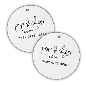 Pop & Cheer When Baby is Here Minimalist Hang Tags | 30 Pk for Baby Shower Mini Champagne Labels Neutral Black and White Neutral