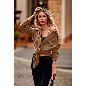 PRETTYGARDEN Women's 2024 Winter Jackets Lapel Coat Outerwear Casual Long Sleeve Button Down Blouse Shirts Tops (Dark Khaki,Medium)