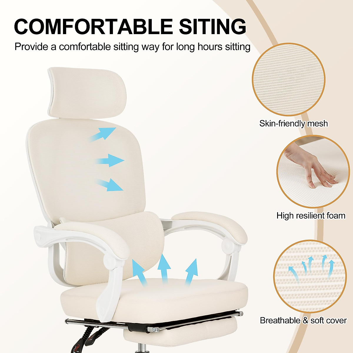 BOWTHY Ergonomic Office Chair with Footrest,Mesh Home Office Desk Chair with Adjustable Lumbar Support & Headrest,90-135 Comfy Reclining Chair,High Back Computer Executive Chair,360 Swivel Task Chair
