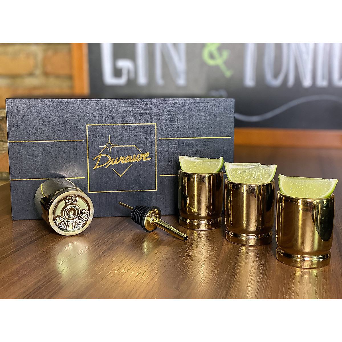 Durawe Company 50 Caliber Shot Glass, Set of 4 Ceramic Shot Glasses with Pourer, 50 Cal Bullet Casings Shaped Shot Glasses Great Gift Drinking Glass Set for Men, Luxury Gift Set