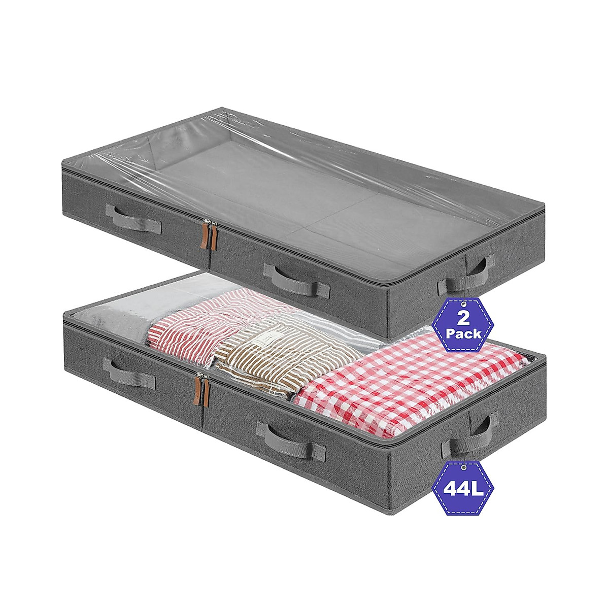 NEATJELAI 2-Pack Under Bed Storage Containers,4.7 Inches Low Profile Underbed Storage Organizer Bin Foldable with Sturdy Sidewalls/Bottom/4 Handles for Clothes Blanket Pillows Shoes,Gray