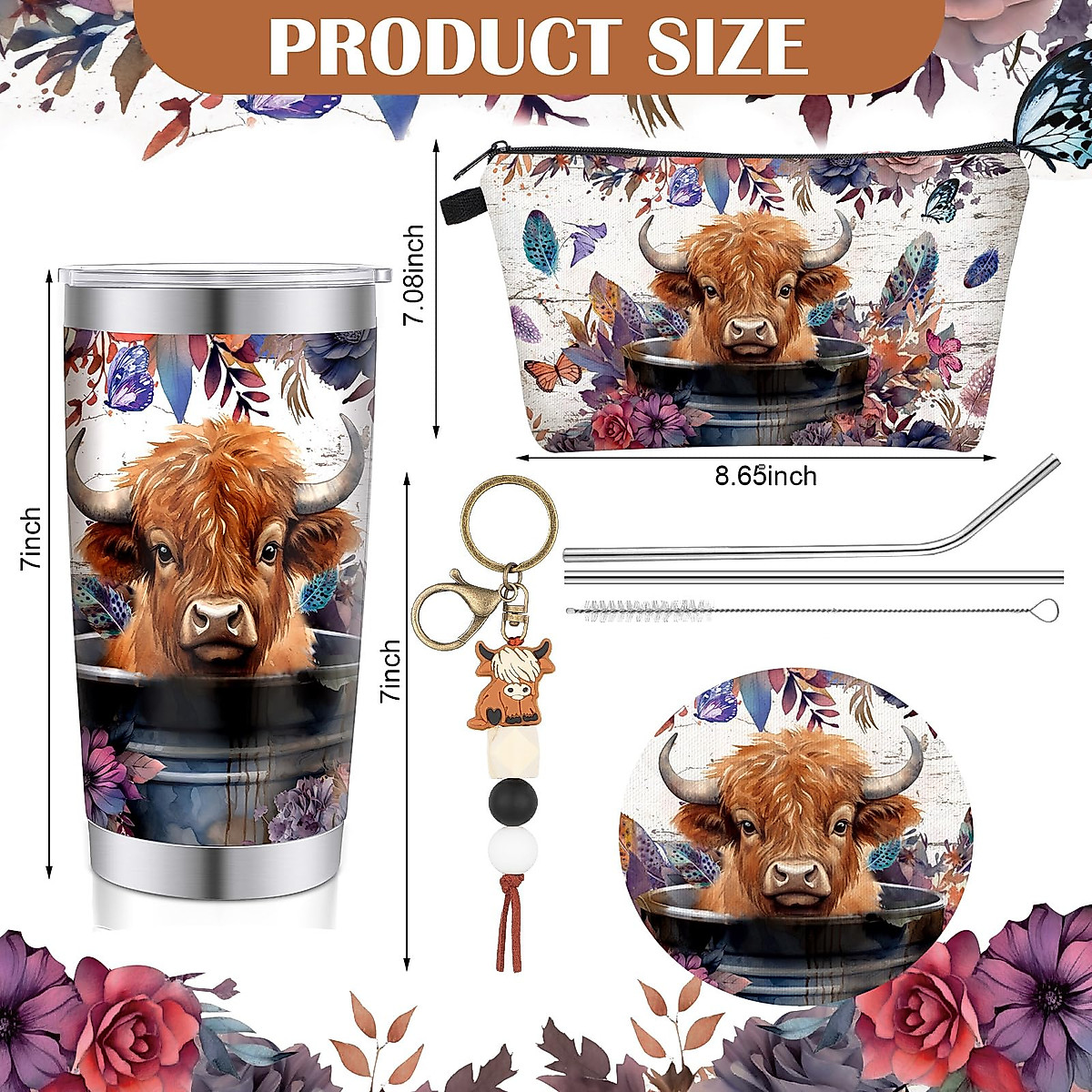 Abbylike 3 Pcs Western Highland Cow Gifts for Women 20 oz Highland Cow Stainless Steel Tumbler Highland Cow Makeup Cosmetic Bag Highland Cow Keychain for Highland Cow Lover Christmas Birthday Gift
