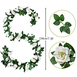 GIZIUXNE 2PCS Artificial Flowers Fake Roses Vine Plants Garland Hanging for Home Party Wedding Arch Garden Hotel Office Decor 15FT (White)…