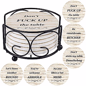 Coasters for Drinks, Funny Drink Coasters Absorbent with Holder 6 Pcs Absorbing Stone Funny Coaster Gift Set Housewarming Gift New Home Apartment Kitchen House Decor Gift for Women Men
