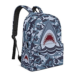 Lightweight Shark Boys School Backpack, Classic Bassic Bookbag for Middle School Students, Cute Shark Patterned Casual Daypack for College, Travel, Work with 15-Inch Laptop Compartment, 17 IN-Grey
