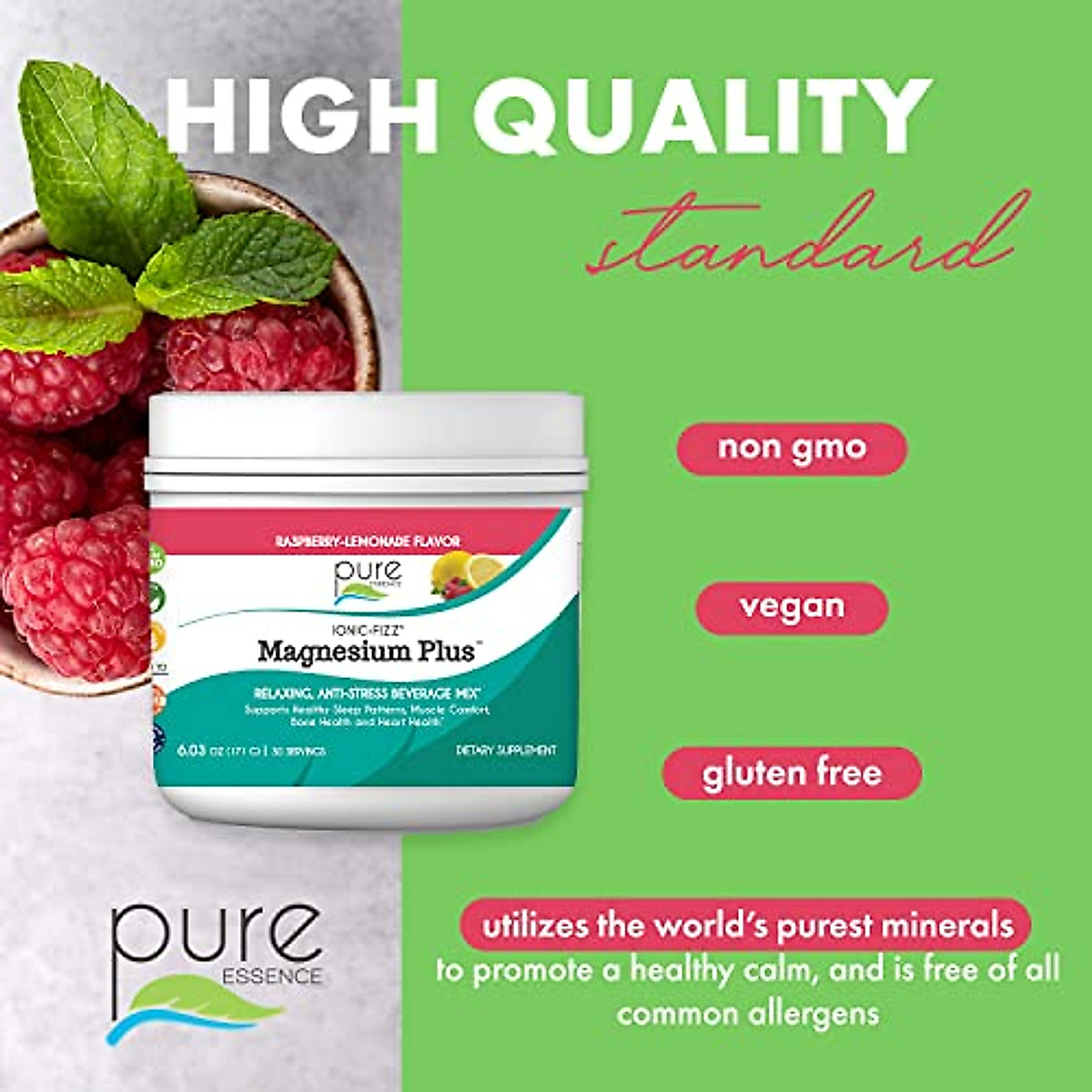 Pure Essence Labs Ionic Fizz Magnesium Plus, Anti-Stress Supplement Drink Powder, Gluten Free and Non-GMO Magnesium Powder (Raspberry Lemonade, 6.03 Ounce (Pack of 1))