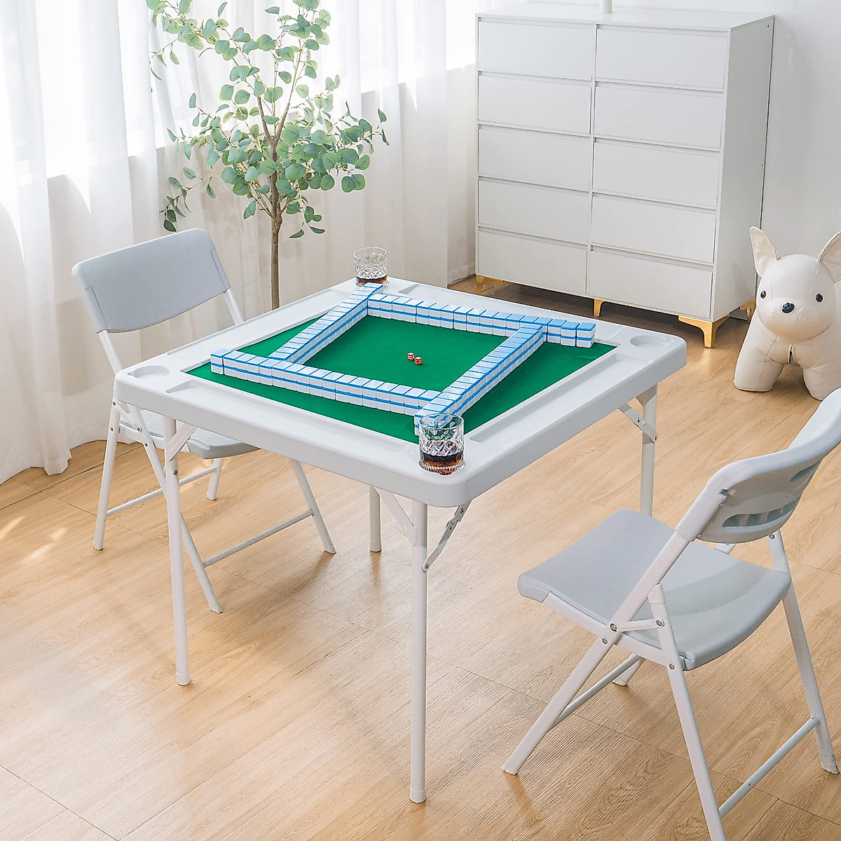 Allpop 35.4’’ Folding Mahjong Table, Square 4 Player Card Game Table with Longer Chip Trays, Cup Holders & Green Professional Tabletop for Domino, Poker, Jigsaw Puzzles