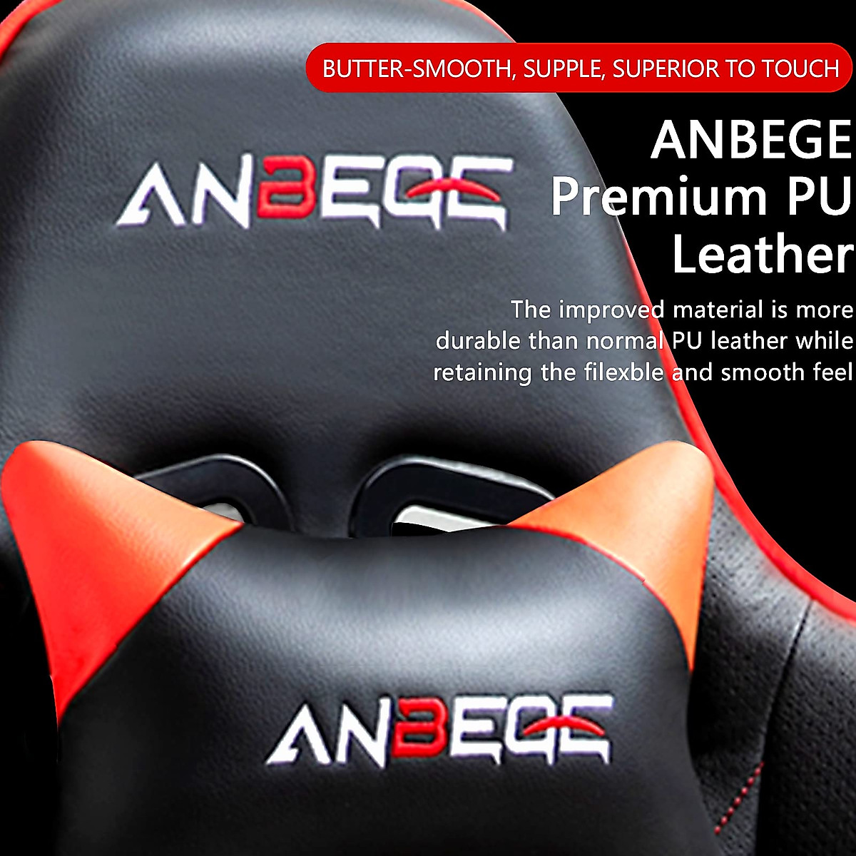 ANBEGE Gaming Chair Retractable Footrest 2D Armrest Office Chair Height Adjustable Leather High Back Ergonomic Headrest Massage Lumbar Cushion Swivel Rocker Recliner Computer Chair (RED)