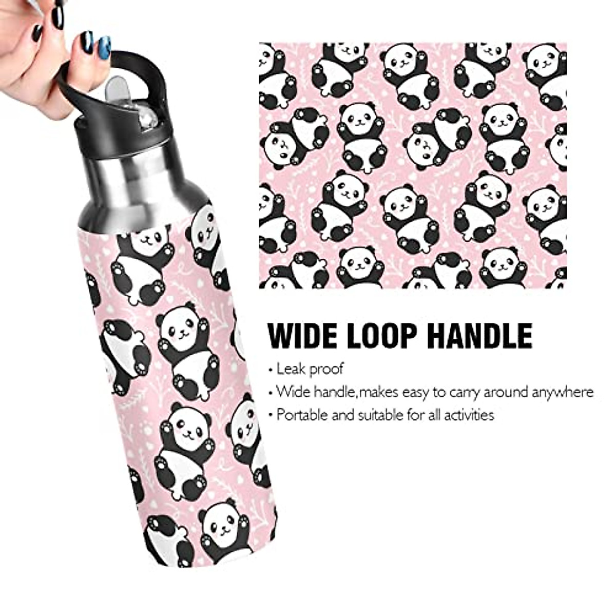 ALAZA Pink Pandas Water Bottle with Straw Lid Vacuum Insulated Stainless Steel Thermo Flask Water Bottle 20oz