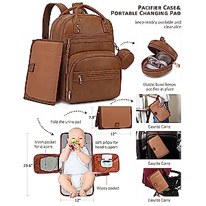 ROSEGIN Vegan Leather Diaper Bag Backpack with Changing Pad and Pacifier Holder, Multi-Functional Baby Bag for Boy Girl, Waterproof for Travel, Perfect Baby Shower Gifts for Mom, Dad, Newborn, Brown