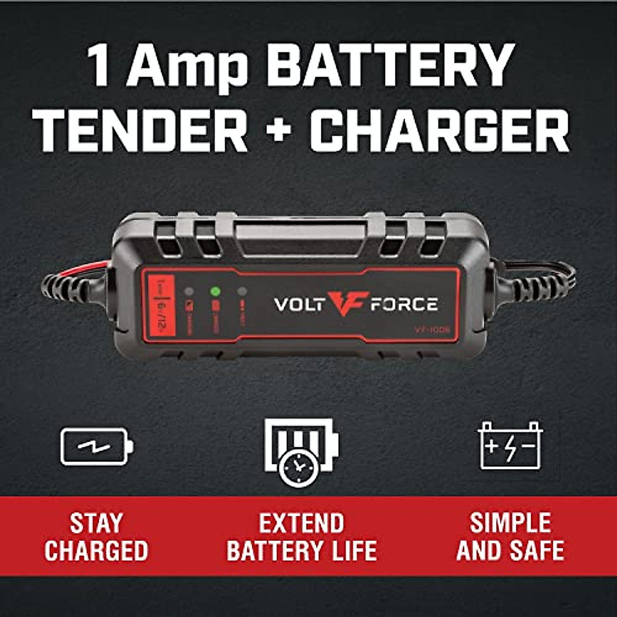 VoltForce 1A Battery Charger and Maintainer: Fully Automatic 6V and 12V Automotive Battery Charger for Cars, Motorcycle, ATVs, and More - Smart Battery Chargers VF-1006,1 AMP
