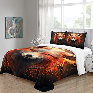 Fox Comforter Covers Quilt Cover 3D Print Fire Duvet Cover for Teens and Adults with Zipper Closure Bedding Set Soft Microfiber with Pillow Cases 2 Pieces Twin（173x218cm）