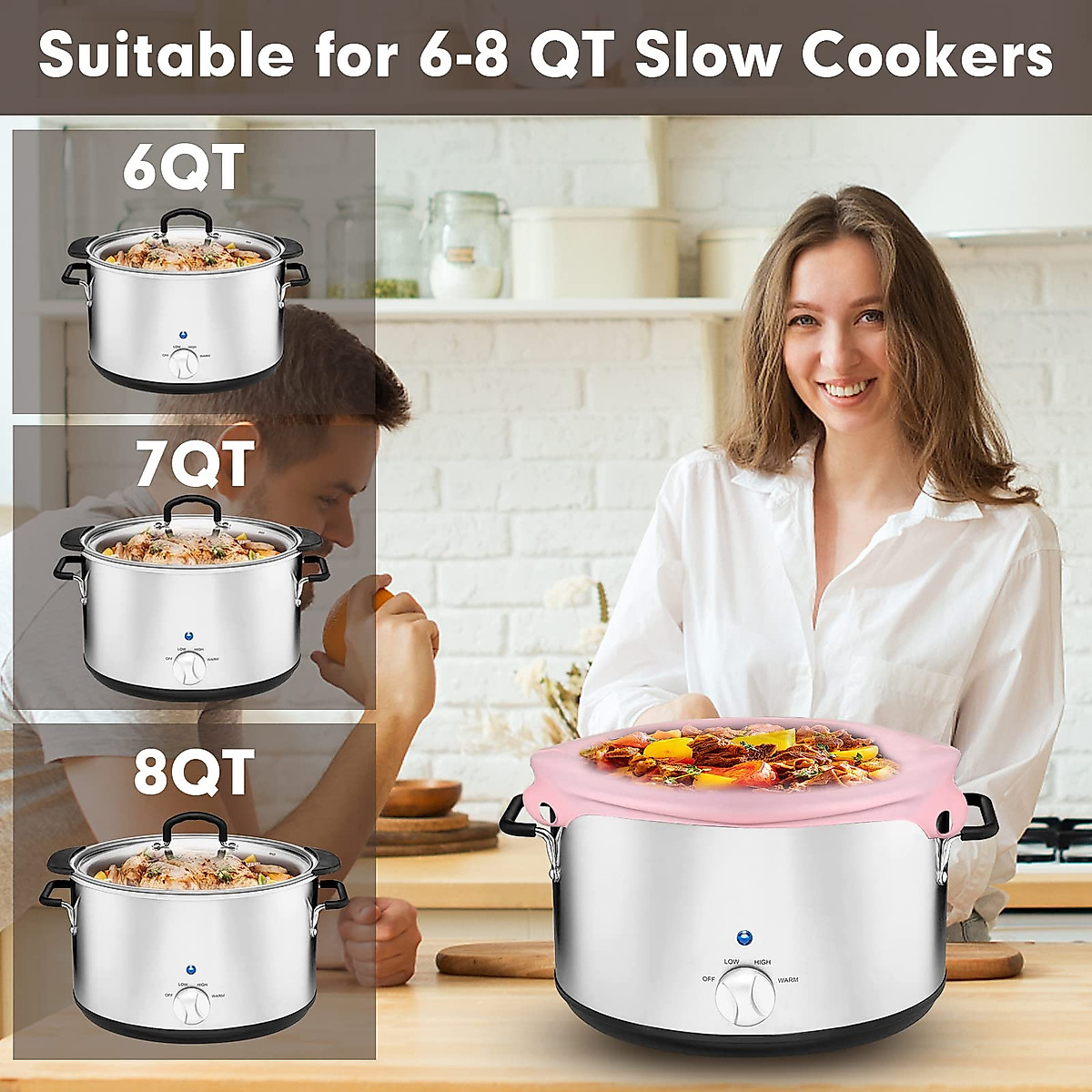 3 Pack Silicone Slow Cooker Liners - Reusable & Leakproof Fit 6-8 Quarts Crockpot，Dishwasher Safe Cooking Liners for Oval or Round Pot