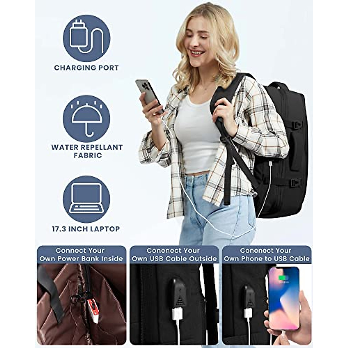 LOVEVOOK Carry on Backpack, Extra Large 35-50L Expandable Travel Backpack Airline Approved, Anti-Theft Waterproof Backpack for Travel, 18 Inch Laptop Backpack with USB Port for Men & Women