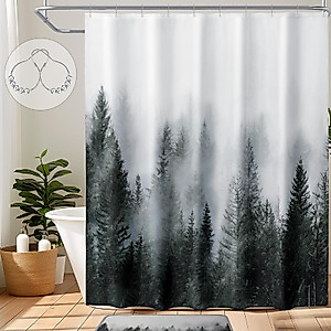 ORTIGIA Misty Forest Shower Curtains,Nature Shower Curtain,Woodland Shower Curtain,Fantasy Fog Magic Winter Tree Bath Curtain for Bathroom,Waterproof Polyester Fabric 72" Wx72 L-with Hooks