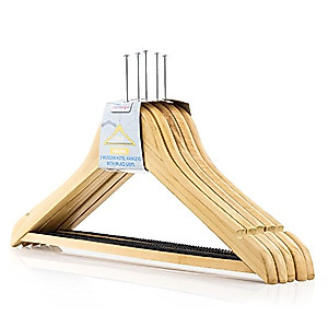 HANGERWORLD Natural Wooden Hotel Style Security Clothes Hangers - 10 Pack, Metal Anti Theft Ring Lock