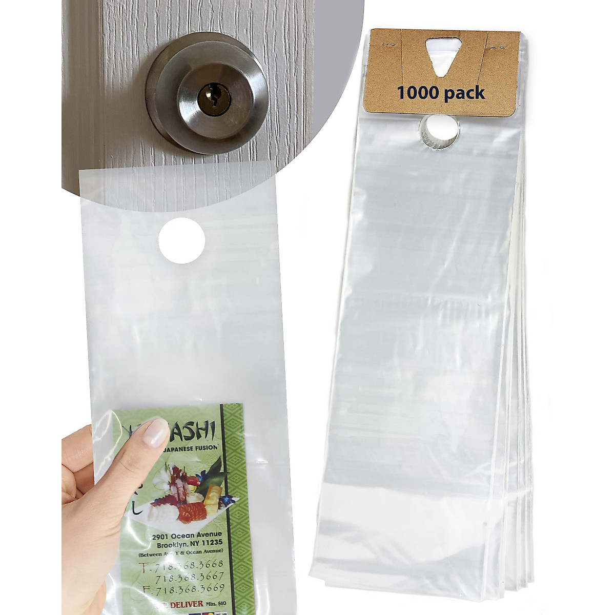 Skywin 1000 Door Hanger Bags 6 x 19 inches - Clear Door Hanger Bags Protects Flyers, Brochures, Notices, Printed Materials - Waterproof and Secure Door Knob Hanger for Outdoor Use (1000)