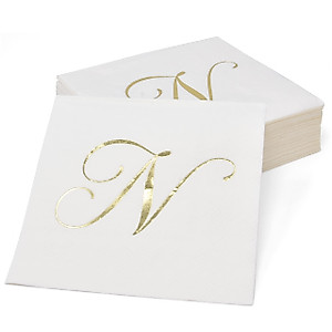 Gift Boutique 100 Gold Monogram Cocktail Napkins Letter N Disposable Paper Pack Elegant Metallic Golden Foil Hand Napkin for Powder Room Wedding Holiday Birthday Party Baby Shower Decorative Towels