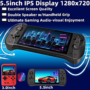 X55 Handheld Game Console 5.5 inch Portable Retro Video Hand-Held Games Consoles Rechargeable RK3566 Hand Held Classic Play System Black