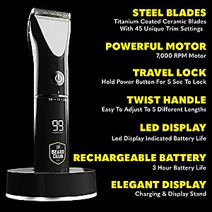 Beard Club PT45 Beard Trimmer for Men - Electric Cordless Rechargeable Beard & Hair Trimmer - High Power 7000 RPM - 8 Color Guides, 45 Unique Trim Lengths - Extra Sharp Mower Blades - Travel Lock